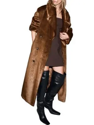 Mango Faux Fur Belted Coat - Medium Brown