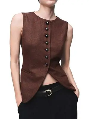 Mango Button-front Wool-blend Vest - Tobacco Brown