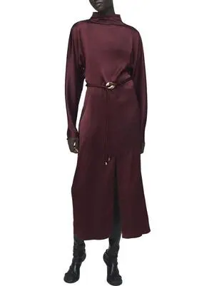 Mango Long Sleeve Satin Midi Dress - Maroon