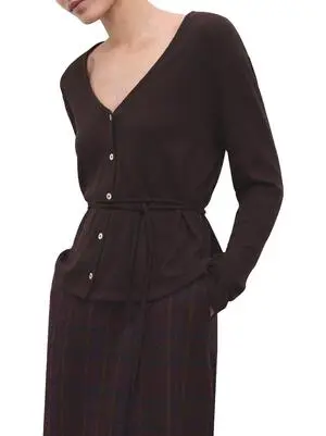 Mango Belted V-neck Cardigan - Brown