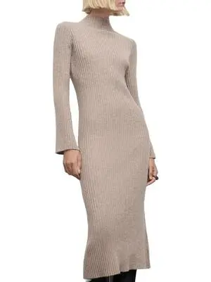 Mango Ribbed Long-sleeve Midi Sweater Dress - Medium Brown