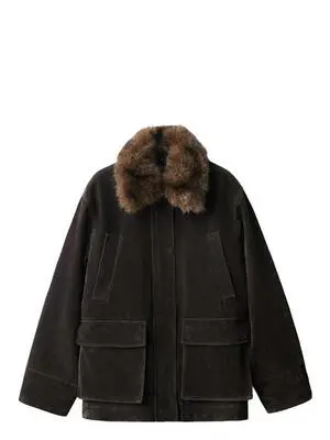 Mango Velvet Finish Coat With Removable Faux-fur Collar - Chocolate