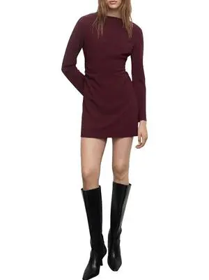 Mango Ruched Bateau Neck Long Sleeve Minidress - Maroon