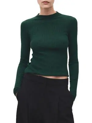 Mango Mock Neck Ribbed Sweater - Dark Green