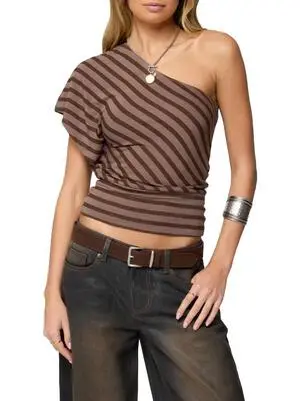 EDIKTED Striped One-shoulder Crop Top - Brown