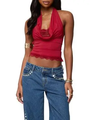 EDIKTED Lacy Cowl Neck Halter Top - Red