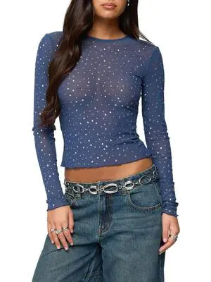 EDIKTED Anari Embellished Mesh Top - Blue