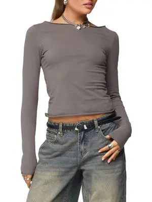 EDIKTED Boat Neck Long Sleeve Top - Dark-gray