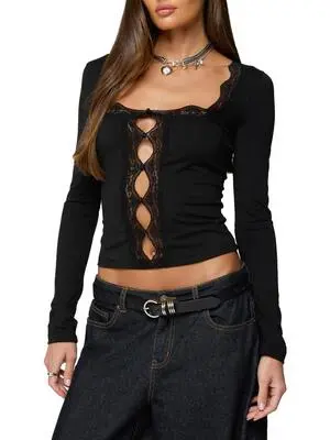 EDIKTED Cropped Lace Trim Top - Black