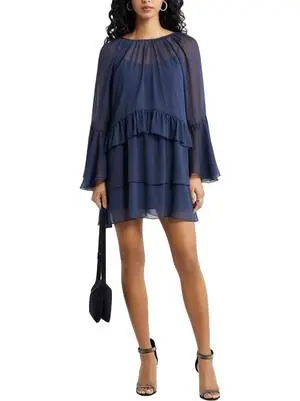 OPEN EDIT Long Sleeve Tiered Chiffon Dress - Navy Iris