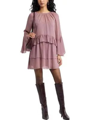 OPEN EDIT Long Sleeve Tiered Chiffon Dress - Purple Wistful