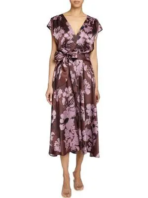 Santorelli Talia Floral Twill Crepe Midi Dress - Raisin
