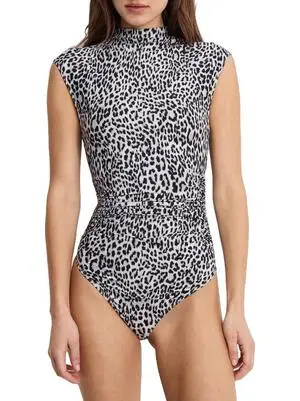 Good American Weightless Mock Neck Bodysuit - Black And Grey Leopard