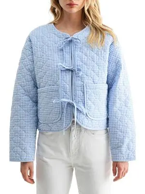 ALL IN FAVOR Gingham Tie-front Quilted Jacket - Light Blue Gingham