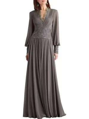 Tadashi Shoji Sequin And Lace Pleated Chiffon Gown - Mist