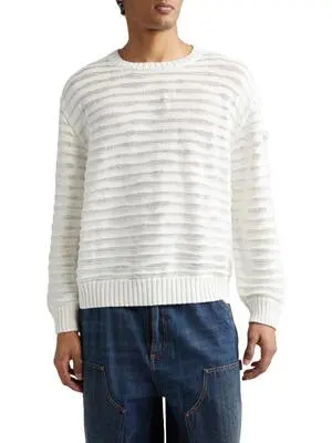 MAISON MARGIELA Open Knit Stripe Cotton Crewneck Sweater - Off White