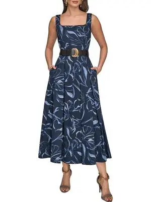 Donna Karan New York Belted Floral Print Midi Dress - Nightfall Multi