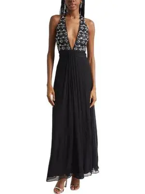 Ramy Brook Martina Embellished Bodice Chiffon Gown - Black
