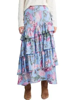 Treasure & Bond Floral Tiered Ruffle Maxi Skirt - Blue Garden Floral