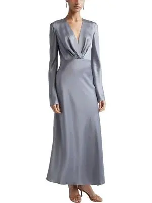 St. John Long Sleeve Satin V-neck Dress - Pewter