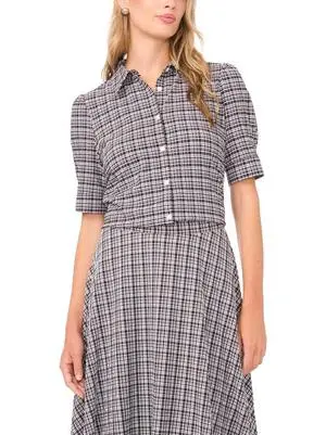Vince Camuto Plaid Puff Sleeve Button-up Top - Rich Black