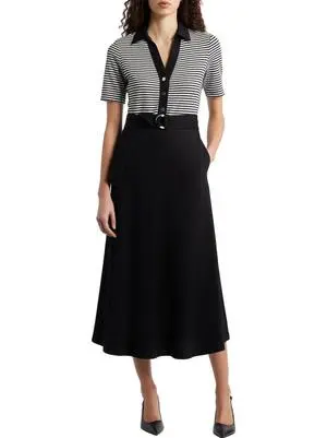 Anne Klein Striped Bodice Belted Midi Dress - Anne Black/white Dove
