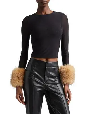 Alice + Olivia Faux Fur Cuff Mesh Crop Top - Black
