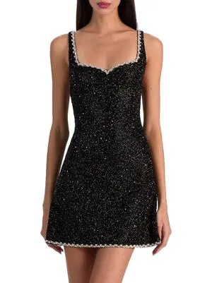 Alice + Olivia Eve Beaded Sweetheart Neck Minidress - Black