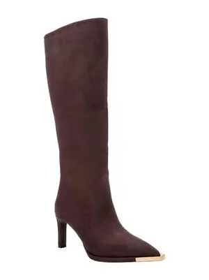 PROLOGUE SHOES Pointed Toe Knee High Boots Brown Suede Faux Leather