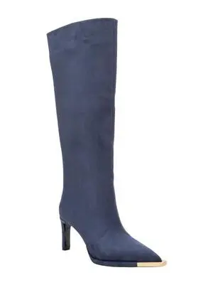 PROLOGUE SHOES Pointed Toe Knee High Boots - Navy Faux Leather