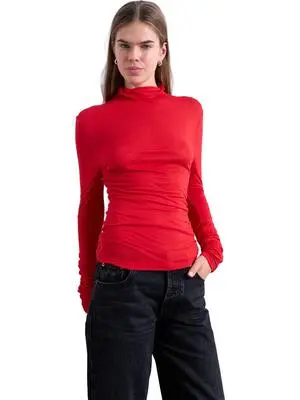 Topshop Funnel Neck Long Sleeve Top - Red