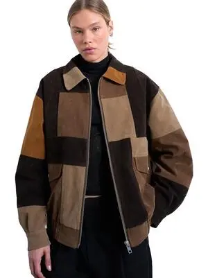 Topshop Patchwork Faux Suede Bomber Jacket - Brown Multi