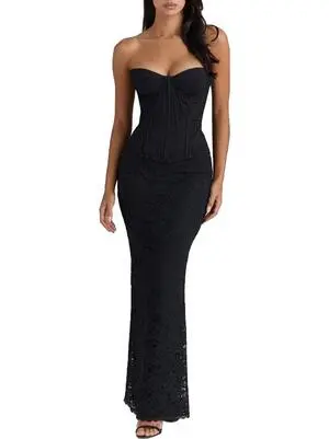 House Of Cb Lace-up Strapless Lace Corset Gown - Black