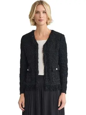 Misook Tailored Knit Jacket With Eyelash Fringe Trim - Black