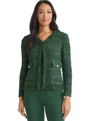Misook Tailored Knit Jacket With Eyelash Fringe Trim Dark Ivy
