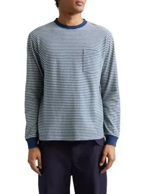BEAMS Indigo Stripe Pocket T-shirt - Off White
