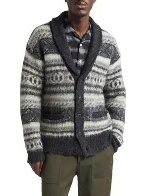 BEAMS Shaggy Fair Isle Shawl Collar Cardigan - Charcoal Gray