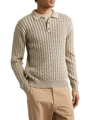 BEAMS Pigment Dyed Cable Knit Cotton Polo - Beige
