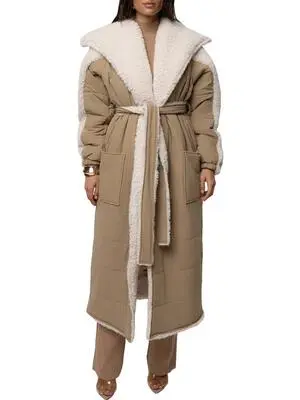 JLUXLABEL Quilted Longline Coat With Fleece Lining - Beige
