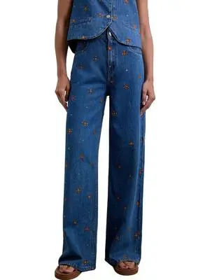SCALPERS Embroidered Flower Detail Denim Pant - Indigo
