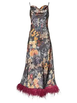 VASILIKI Mila Botanica Feather-trimmed Silk Dress - Botanical Floral