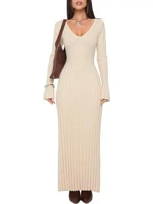 Princess Polly Gratuita Long Sleeve Maxi Sweater Dress - Cream