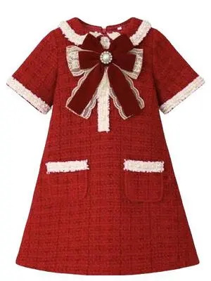 MIA BELLE GIRLS Tweed Dress With Bow Accent - Burgundy