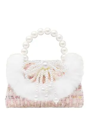 PUTTISU Handbag With Pearl Ribbon And Faux-fur Trim - Blush Tweed
