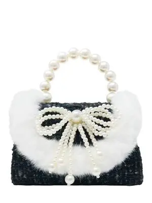 PUTTISU Handbag With Pearl Ribbon And Faux-fur Trim - Noir Tweed