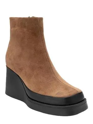 FOREVER & ALWAYS SHOES Livia Leather Wedge Ankle Boots Cognac Suede