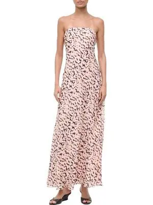 Staud Cassie Abstract Silk Strapless Dress - Almond/black