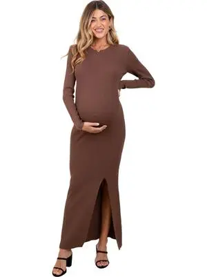 PINKBLUSH Ribbed Knit Long Sleeve Side Slit Maxi Dress - Mocha