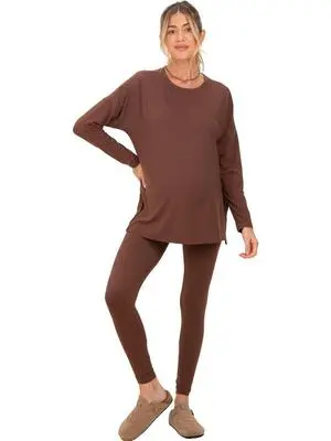 PINKBLUSH Brushed Knit Oversized Top And Legging Set - Brown