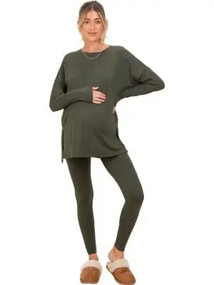 PINKBLUSH Brushed Knit Oversized Top And Legging Set - Olive Green
